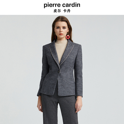 皮尔卡丹女经典一粒扣灰色绵羊毛西服上衣简约女外套P4437U4958H0