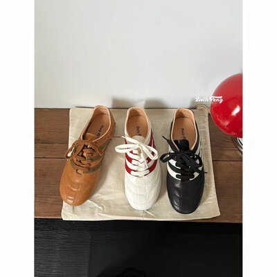 zachpeng2026新款真皮圆头系带运动百搭小白鞋拼接休闲德训板鞋女