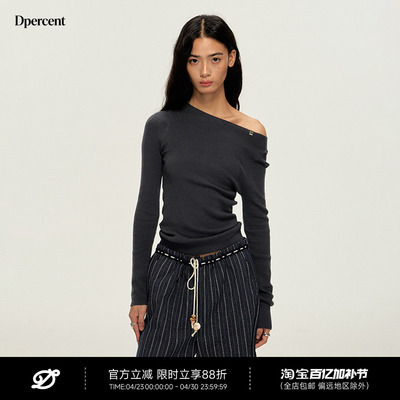Dpercent蓝灰色斜肩长袖针织上衣