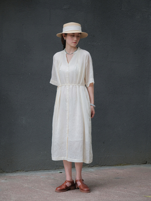 远家亚麻天丝V领连肩袖连衣裙