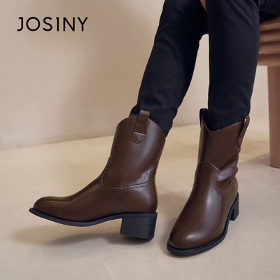 卓诗尼女鞋正品骑士靴小个子方跟徽标圆头百搭时装休闲切尔西短靴