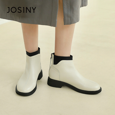 卓诗尼牛皮粗跟冬季厚底复古短靴