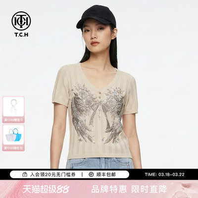 TCH翅膀烫钻V领修身显瘦短袖针织T恤女2026春夏新款T78A09E1181