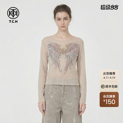 TCH2026春时尚翅膀烫钻修身微透轻熟风打底衫上衣女T78A02E1019A