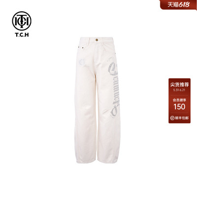 TCH私服字母logo烫钻直筒阔腿单里休闲牛仔长裤T75C20E5088