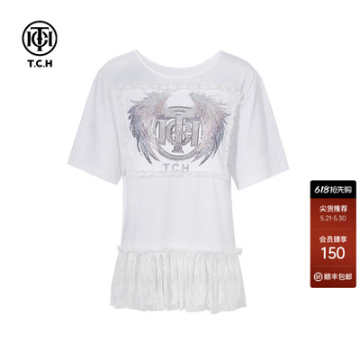 TCH烫钻春夏蕾丝拼接洋气百搭气质短袖T恤女T75C10B1019