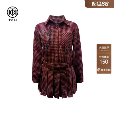 TCH轻奢蝴蝶烫钻豹纹樱桃复古红格子收腰百褶连衣裙女T75C30E1058