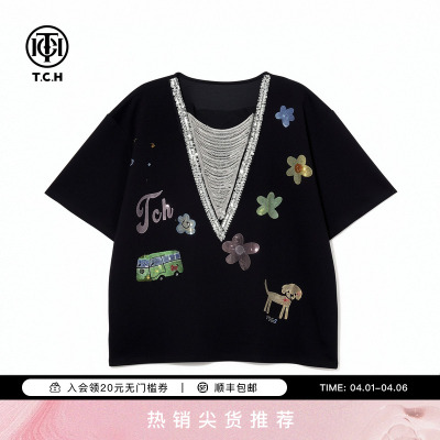 TCH设计感烫钻黑色宽松慵懒风短袖T恤女潮26夏季新款T78A10E1005