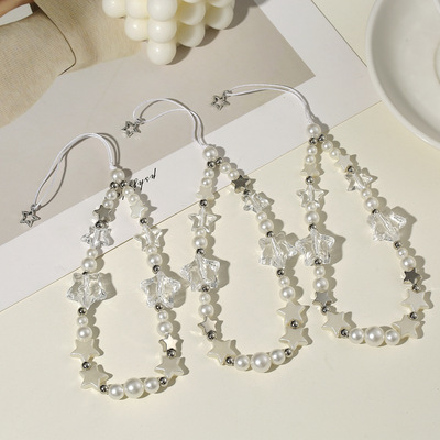 韩国珍珠星星吊坠手机链短款串珠链条手机壳通用挂绳少女手腕挂饰