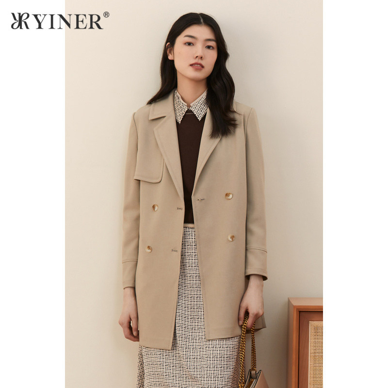 *YINER音儿女装2021秋季新款西装领中长款风衣外套_虎窝淘