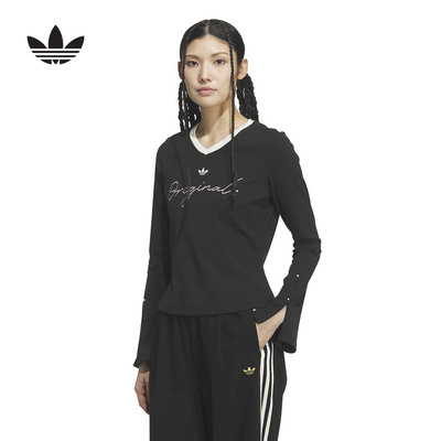 adidas阿迪达斯三叶草V领修身罗纹运动衫2026春女长袖T恤 KS2381