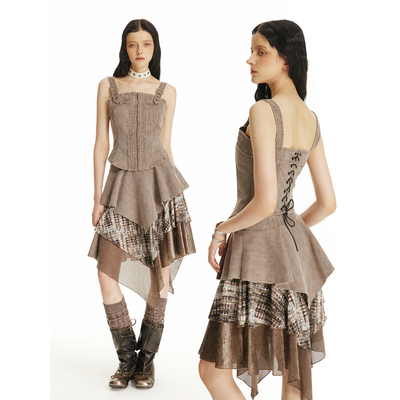 USS 麂皮套装女复古做旧吊带上衣不规则半身裙两件套潮搭时尚套装