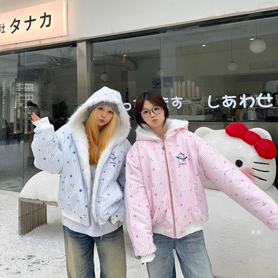 可爱条纹雪人毛绒棉袄连帽棉衣