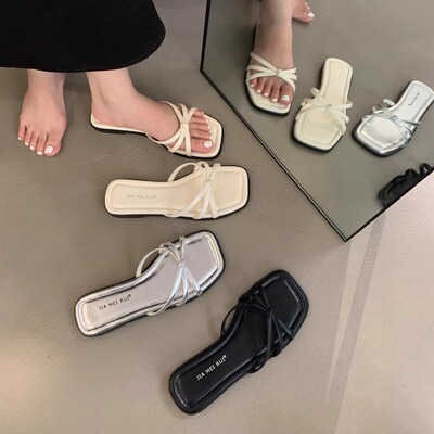 大码女鞋41一43胖脚宽肥法式一字拖女配裙子平底海边度假沙滩凉拖