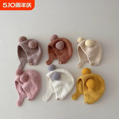 0-3岁舒适秋冬新款保暖护耳帽宝宝防寒帽ins婴r儿双球软糯包头帽