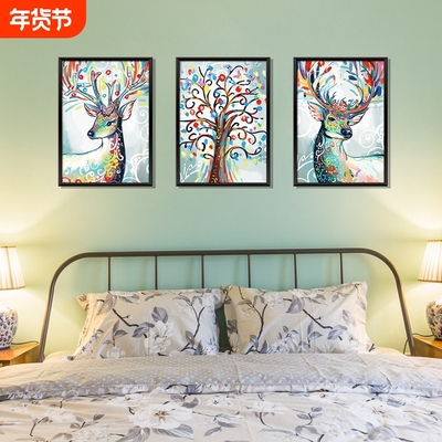 XL8327立体三联画水彩麋鹿墙贴书房宿舍背景装饰可移店铺装饰逼真