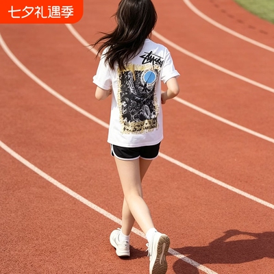 跑步潮牌斯图西STU短袖t恤乌鸦暗黑二次元重磅圆筒布丝网印花体恤