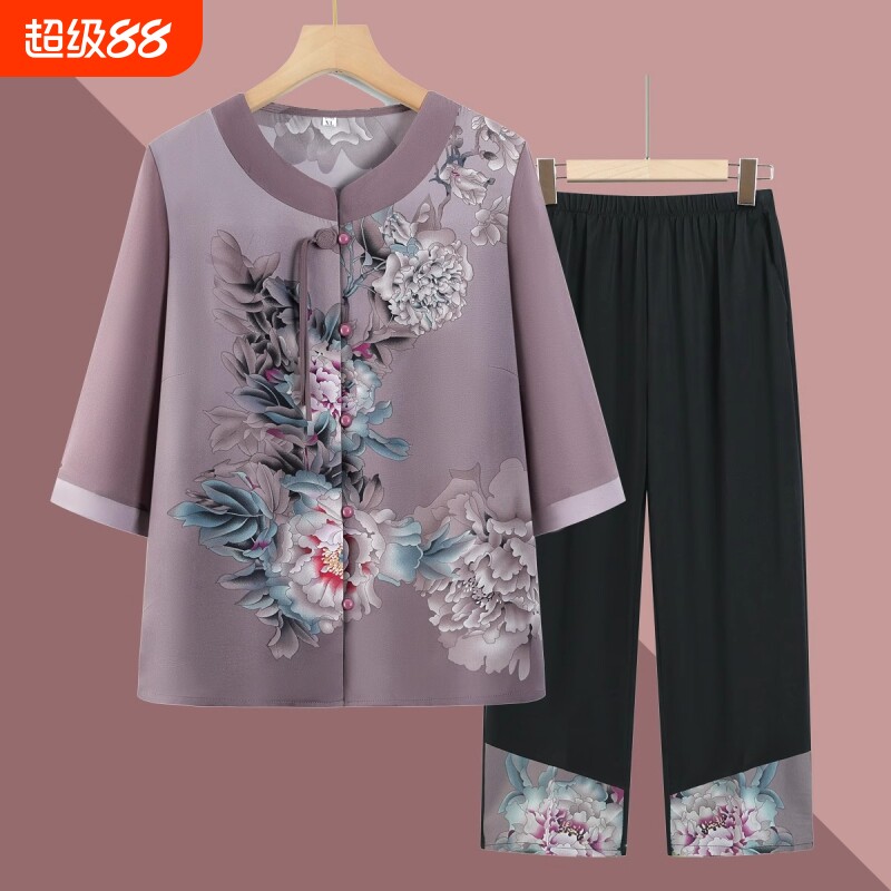 奶奶新中式套装老年人春夏装女妈妈中袖衬衫老太太衣服裤子两件套