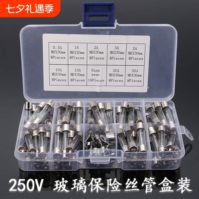 72PCS 6*30mm玻璃保险丝管熔断器250V 9种0.5A~30A带保险丝座盒装