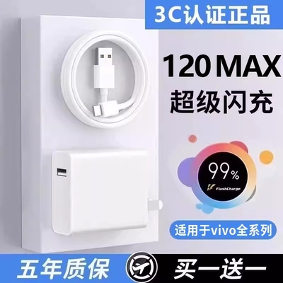 适用于vivo原装充电器手机120线极速闪充X50X30X60proS7eS9e充电插头正品适用W于iQOONeo快充套装typec氮化镓