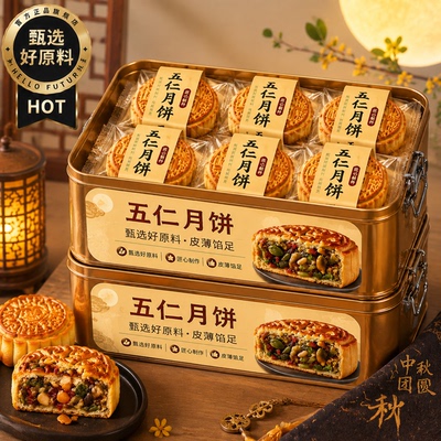 胖正宗五仁月饼老式东来广式传统糕点手工酥皮中秋月饼无糖礼盒