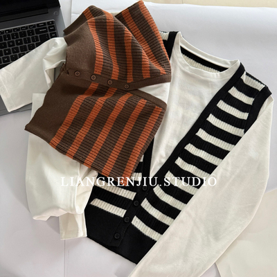 拼接假两件针织长袖上衣