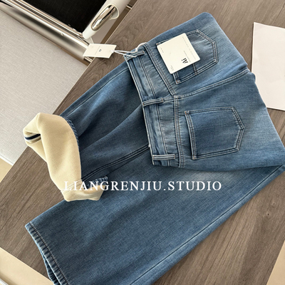 高腰直筒加绒加厚牛仔裤