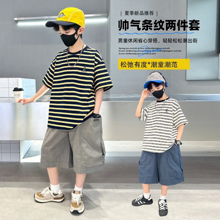 男童夏装条纹工装裤套装2026新款儿童短袖两件套男孩夏季POLO衫潮