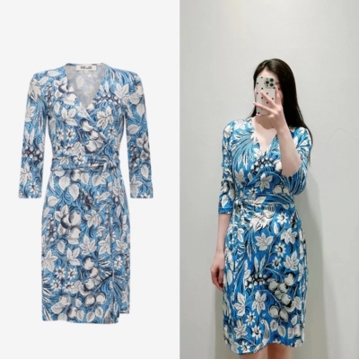 DVF梦幻蓝天堂鸟针织桑蚕丝短裙