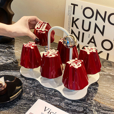 轻奢汉字水杯套装家用待客陶瓷喝水杯茶杯高颜值乔迁订婚送礼杯具