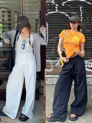 宅宅athome//假日松弛 宽松抽绳休闲裤薄款阔腿百搭工装伞裤