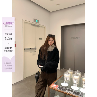 宅宅athome//中古奈奈 加厚毛领仿羊羔毛外套麂皮内里毛毛上衣