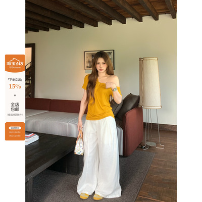 宅宅Athome//松弛淡然 亚麻阔腿休闲裤高腰宽松显瘦舒适百搭长裤