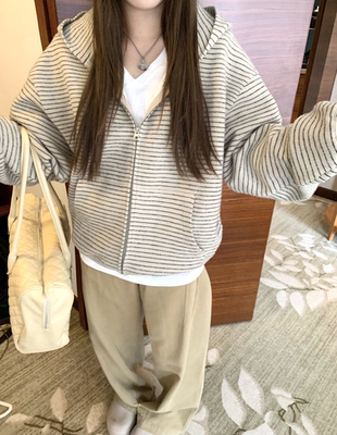 半饱小宅 | weekend计划 韩版宽松条纹卫衣外套宽松连帽休闲开衫