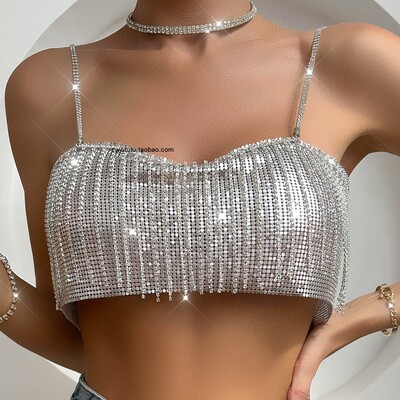 亮片水钻抹胸闪亮露脐小背心