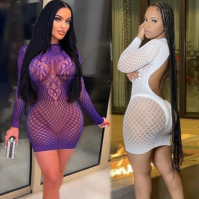 圆领长袖提花镂空露背包臀连衣裙