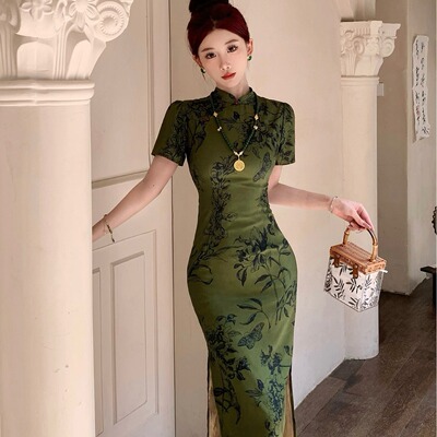 Cheongsam Qipao Chinese Dress Chipao丹青客新中式绿色提花改良