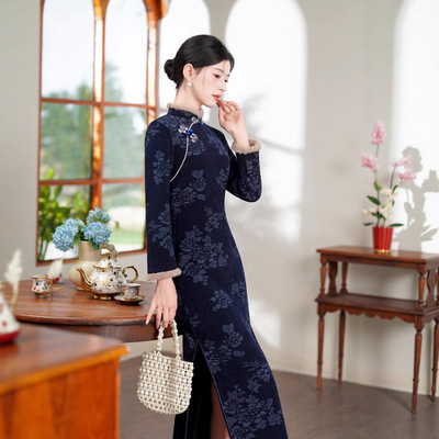 winter cheongsam chinese traditional dress qipao旗袍藏青加绒