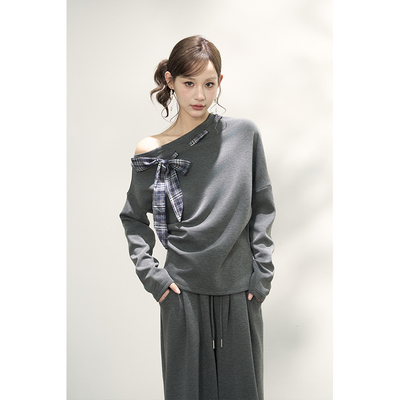 AXIA斜肩上衣女早秋长袖卫衣百搭两件套装高级灰休闲运动宽松长裤