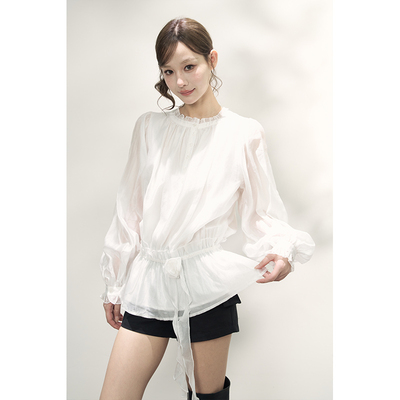 AXIA纯欲风木耳边收腰衬衫女秋季奶系穿搭法式花苞泡泡袖长袖上衣
