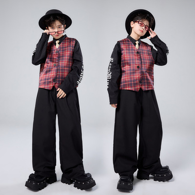 儿童爵士舞套装红格西装马甲潮服男童街舞Popping演出服locking女