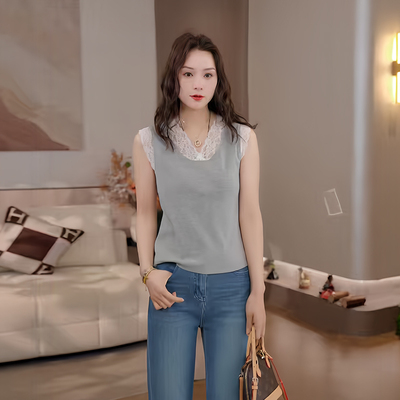 豆豆DA【内搭神器】蕾丝背心女春夏无袖v领打底衫小衫-D952
