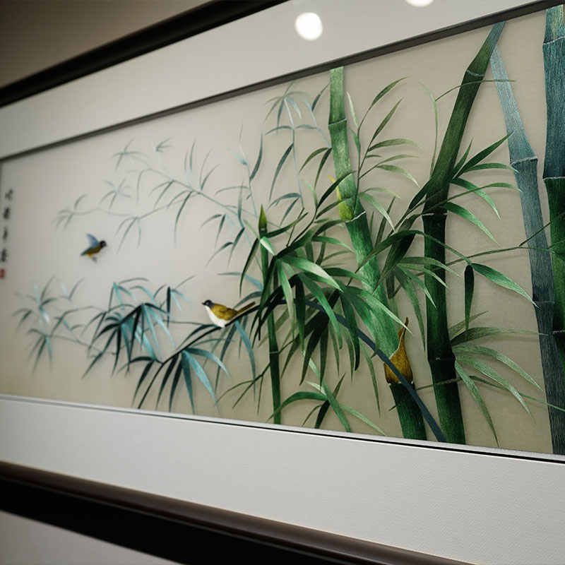 新中式装饰画客厅沙发背景竹报平安苏绣纯手工刺绣成品挂画刺绣画