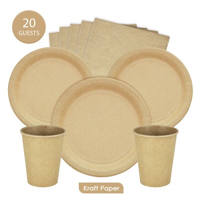 20Guests Disposable Kraft Paper Tableware Sets Plates Cups