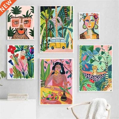 Tropical Colorful Girl Car Flower Koala Leopard Wall Art Pa