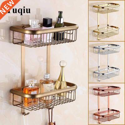 Bathroom Corner Shelf Soap Holder Dual Tier Brass Gold/Chro