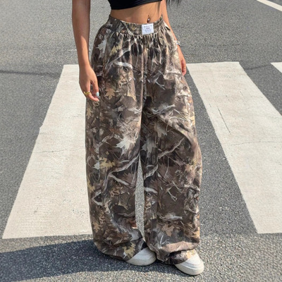 迷彩印花高腰阔腿休闲裤女