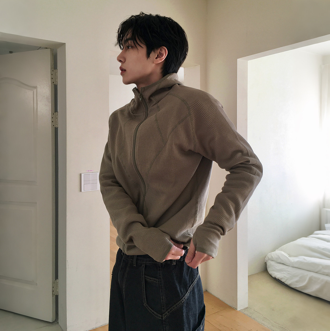 MRCYC华夫格机能连帽卫衣男士秋季解构拼接拉链帽衫韩系通勤外套