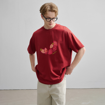 NYHSUGOO/南乙T097夏季草莓印花T恤休闲男士全棉重磅300G短袖