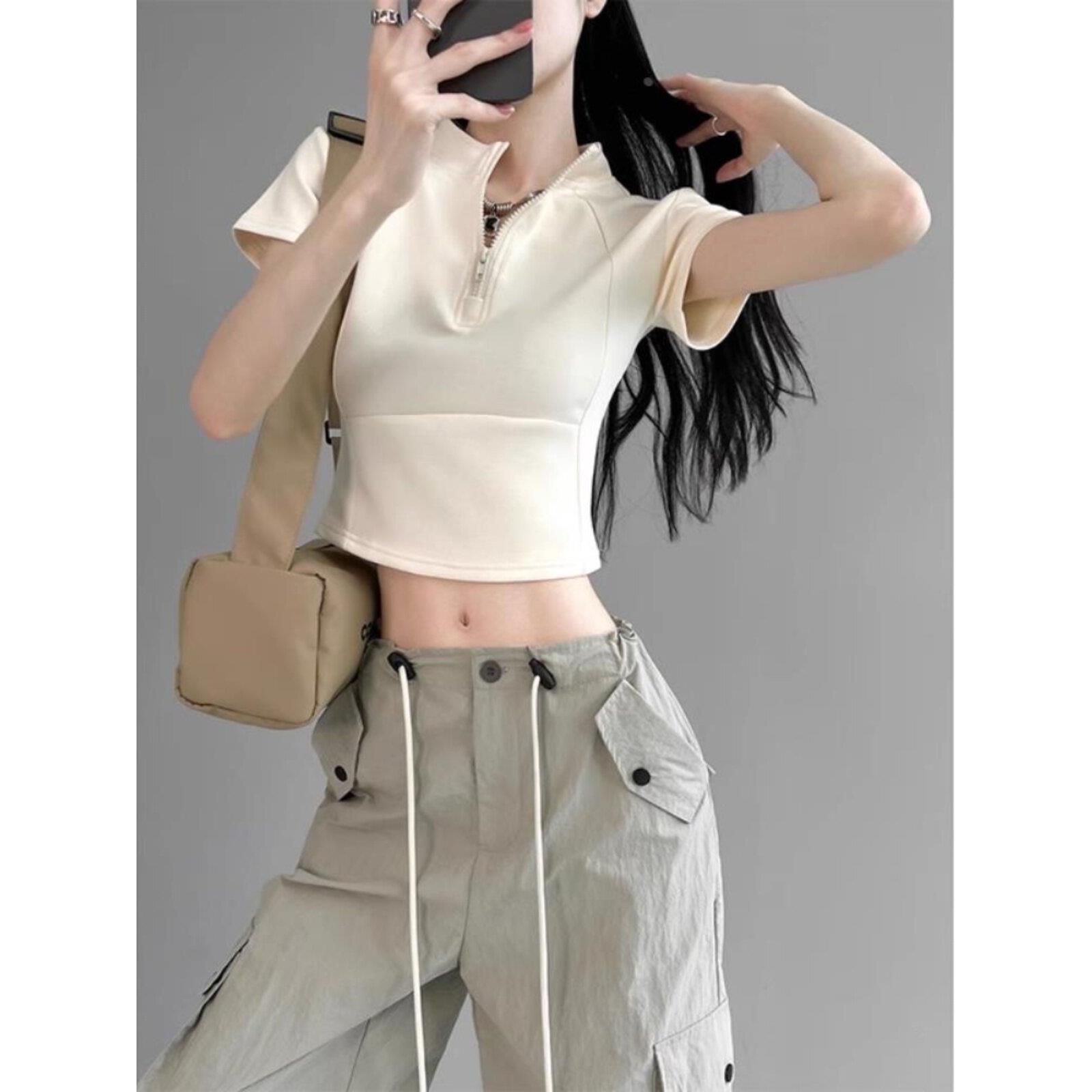 正肩立领半拉链短袖T恤女夏欧货露脐瑜伽服辣妹修身显瘦短款上衣